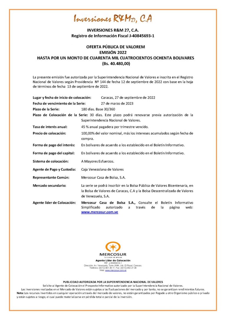 BVC » INVERSIONES R&M 27, C.A., EMISIÓN 2022