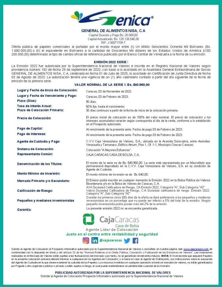 BVC » GENERAL DE ALIMENTOS NISA, C.A. (GENICA), EMISIÓN 2022