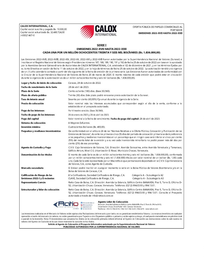 BVC » CALOX INTERNATIONAL, C.A., EMISIÓN 2022-XVII HASTA EMISIÓN 2022-XXII