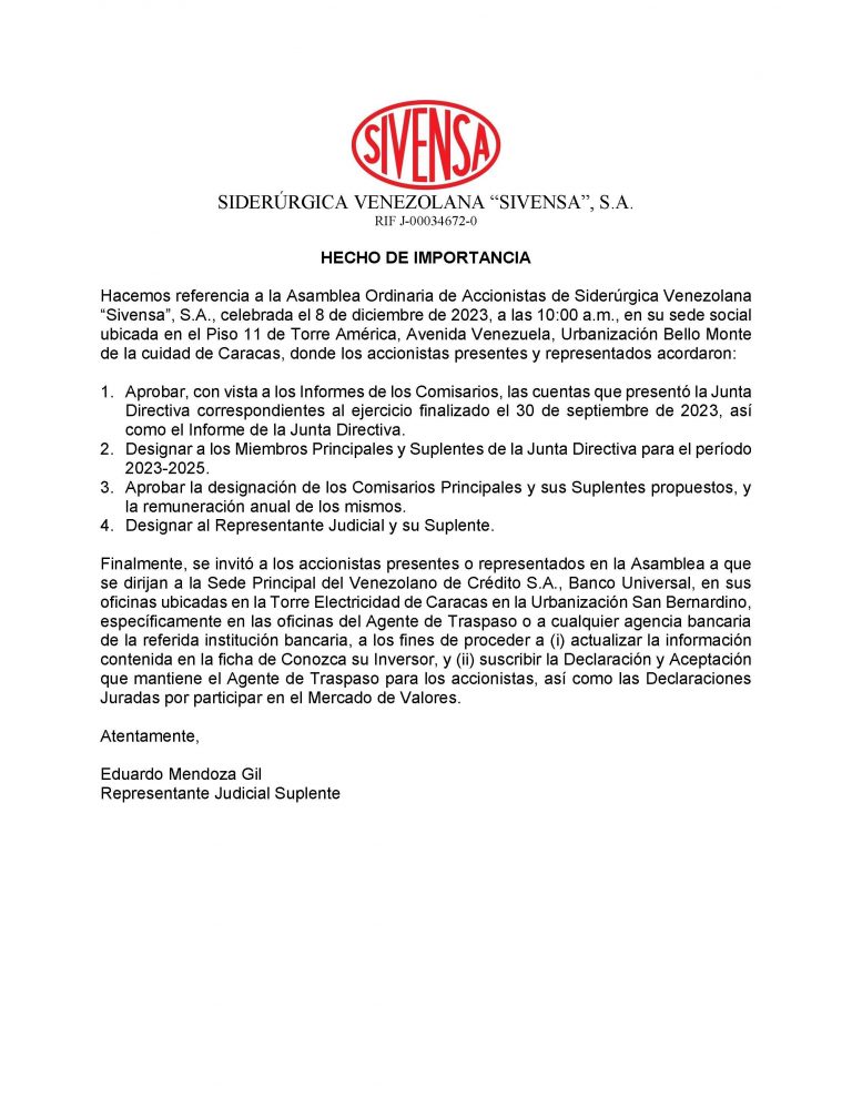 BVC » SIDERÚRGICA VENEZOLANA “SIVENSA”, S.A., RESULTADO ASAMBLEA ...