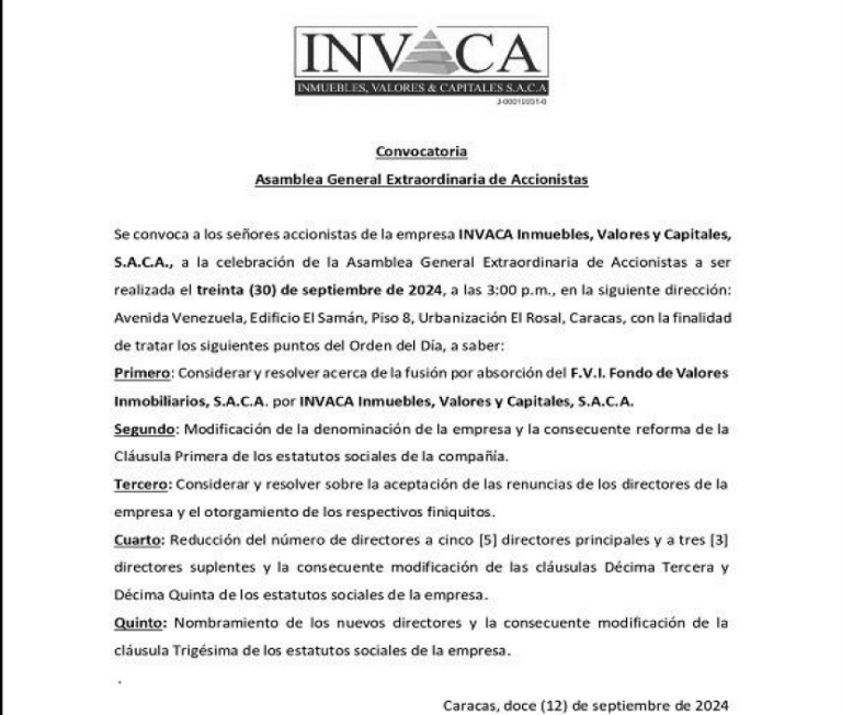 BVC » INVACA INMUEBLES, VALORES Y CAPITALES, S.A.C.A. ASAMBLEA GENERAL ...