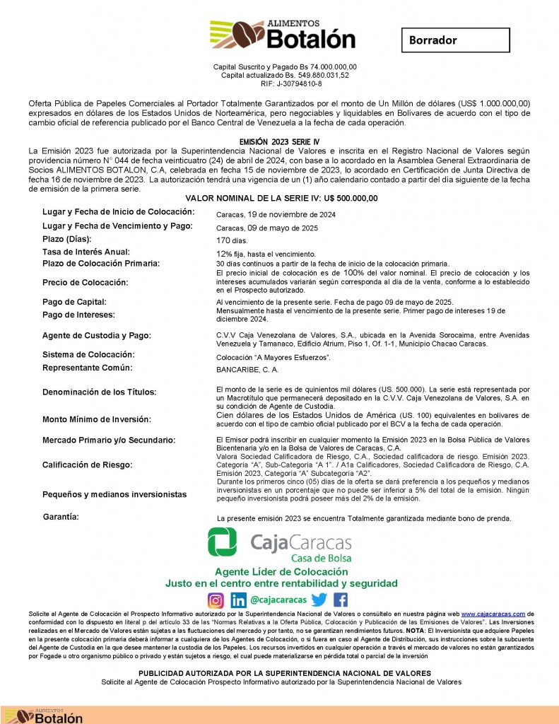 BVC » ALIMENTOS BOTALÓN, C. A. EMISIÓN 2023 SERIE IV PAPELES COMERCIALES AL PORTADOR TOTALMENTE ...