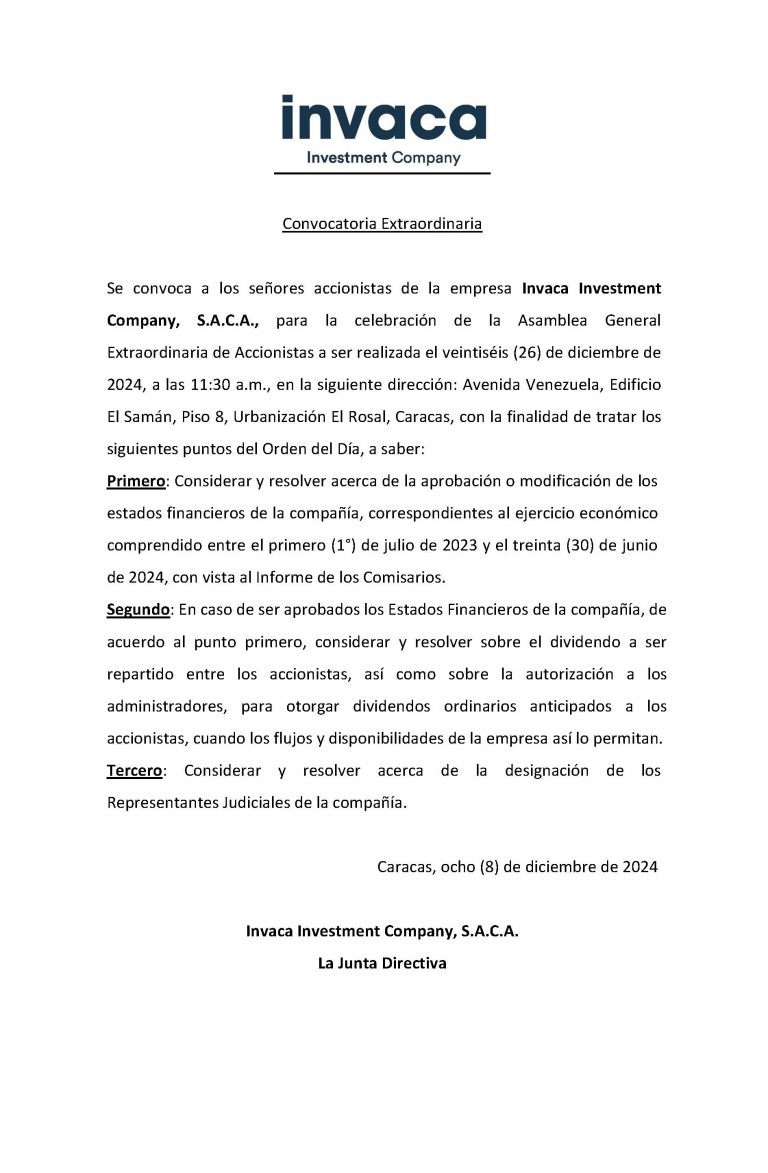 BVC » INVACA INMUEBLES, VALORES Y CAPITALES, S.A.C.A. ( Ahora INVACA ...