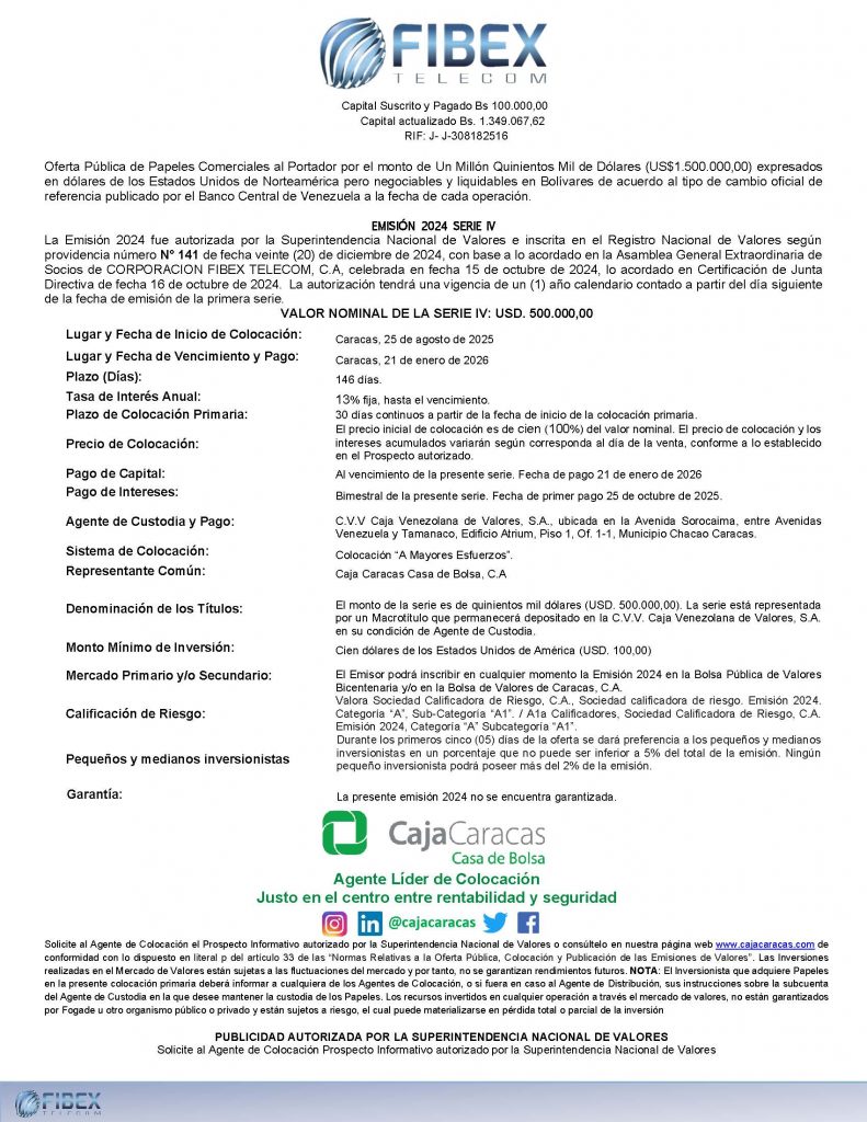 BVC » CORPORACIÓN FIBEX TELECOM, C.A., PAPELES COMERCIALES AL PORTADOR ...