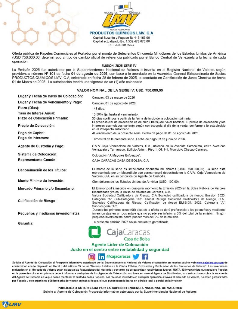 BVC » PRODUCTOS QUIMICOS L.M.V., C.A. EMISIÓN 2025 SERIE IV PAPELES ...