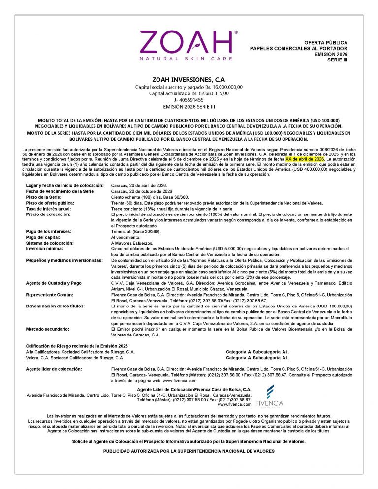 BVC » ZOAH INVERSIONES C.A., EMISIÓN 2026 SERIE III, PAPELES ...
